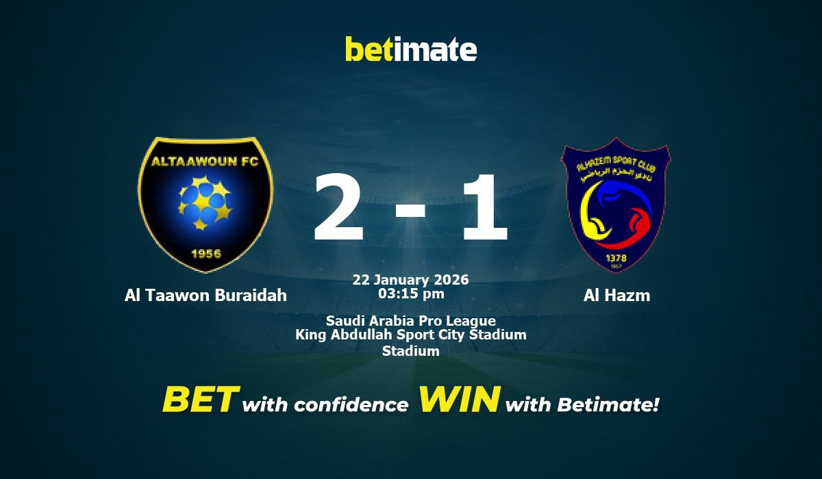 Al Taawon Buraidah vs Al Hazm Prediction, Odds & Betting Tips 01/22/2026